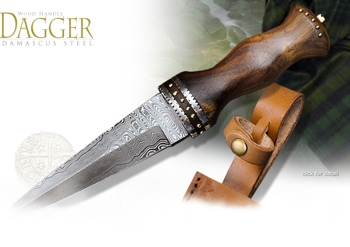 Wood Handle Damascus Steel Dagger and Scabbard DM1076